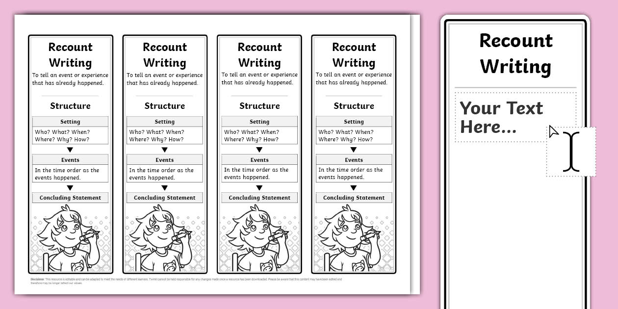 Recount Writing Editable Bookmarks - Twinkl