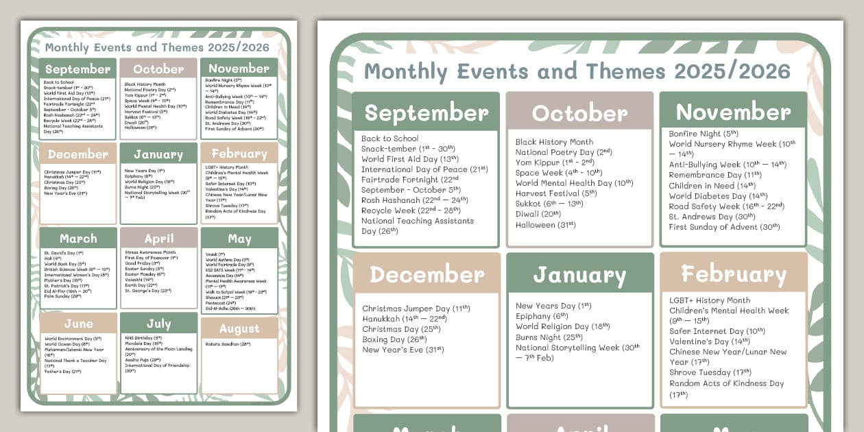 Editable Botanical-Themed Monthly Events and Themes Planner 2025/2026 ...