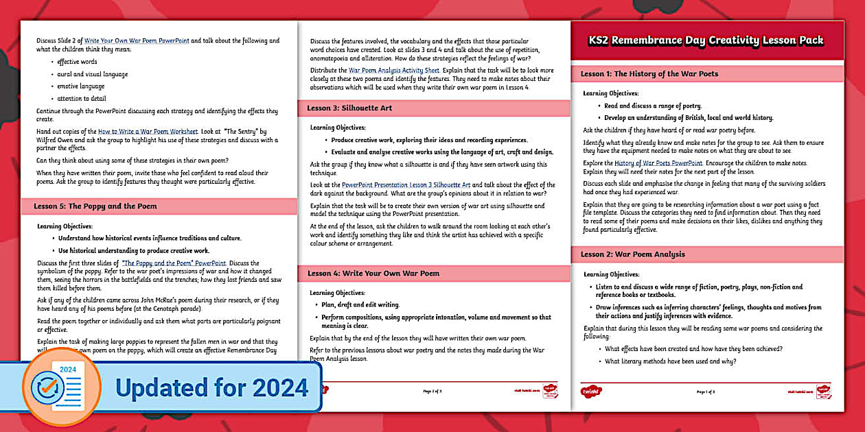 Remembrance Day Lesson Plans- Creativity Lesson Pack