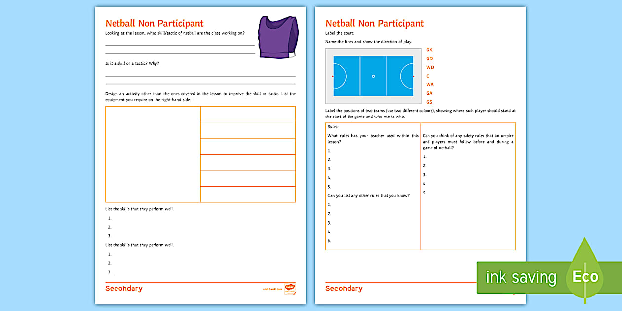 Netball: Non-Participant Worksheet / Worksheet - Twinkl
