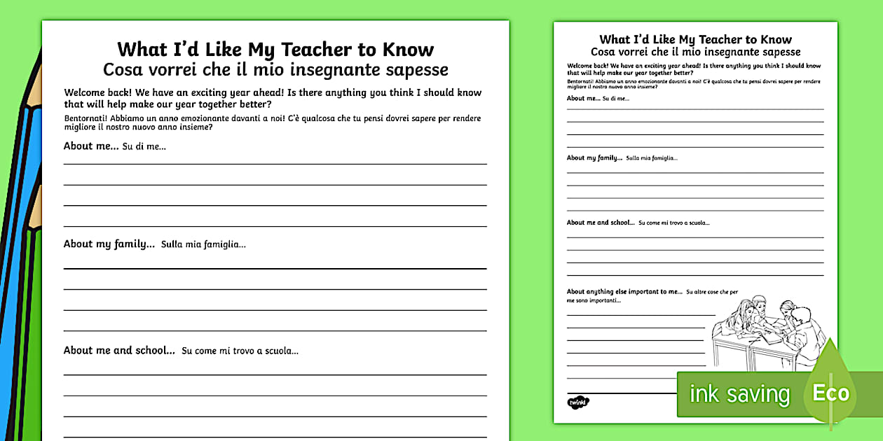 Back to School What I'd Like My Teacher to Know Worksheet - Italian/English