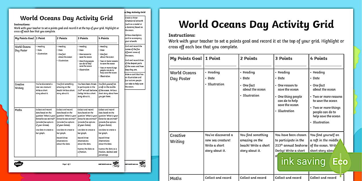World Oceans Day Differentiated Activity Grid - Twinkl