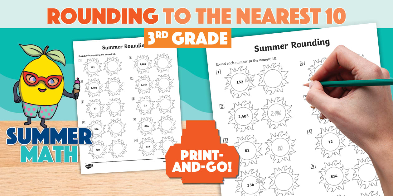 Third Grade Rounding to the Nearest 10 Summer Worksheet