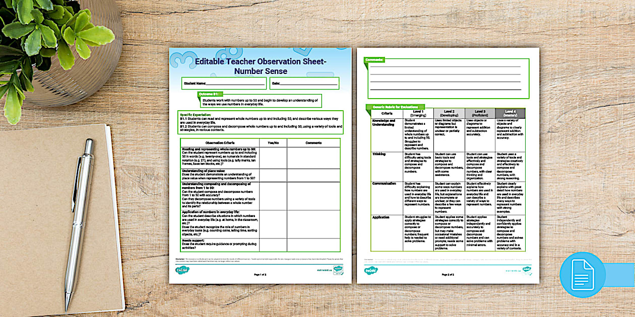 Grade 1-Editable Number Sense Teacher Observation Sheet