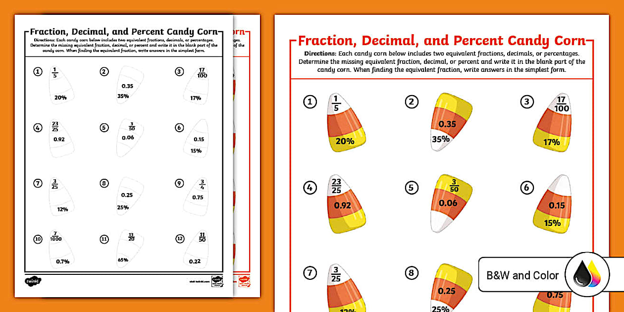 Fraction, Decimal, and Percent Candy Corn Worksheet for 6th-8th Grade