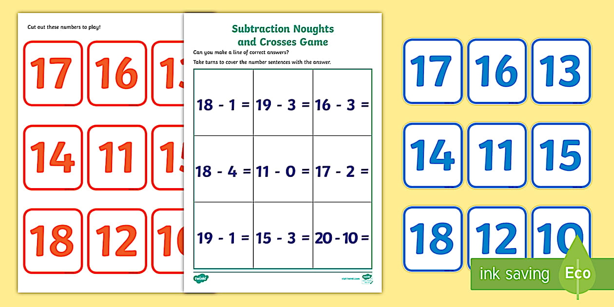 Subtraction Noughts and Crosses Activity (to 20) - Twinkl
