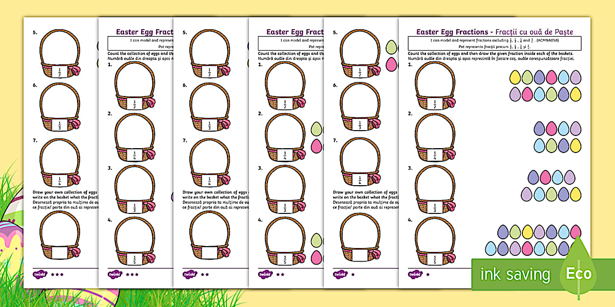 Easter Egg Fractions Differentiated Worksheets English/Romanian
