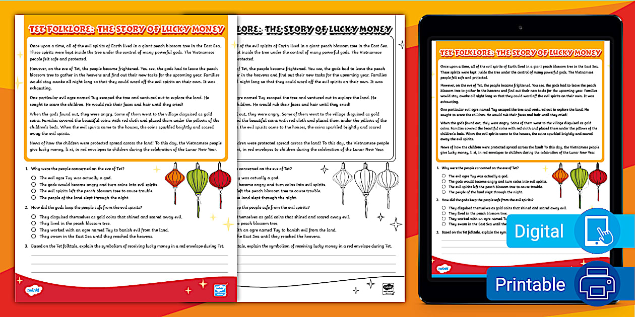 Sixth Grade Tet Folklore Reading Passage Comprehension Worksheet