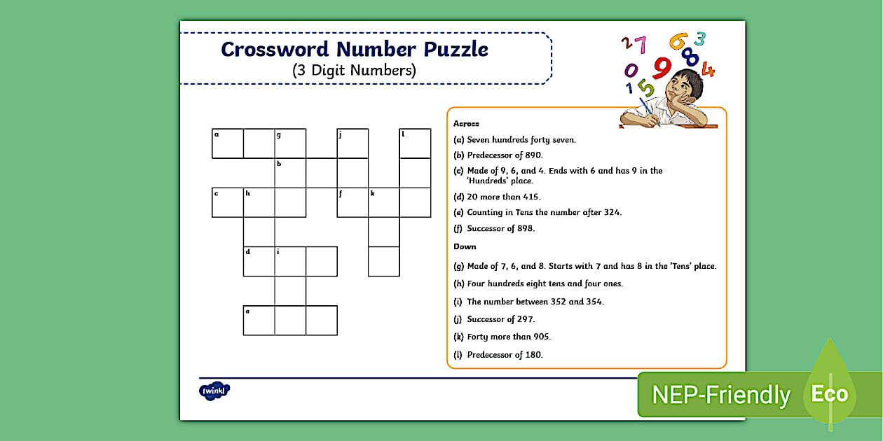 Crossword Number Puzzle 1 (3-digit Numbers) (teacher made)