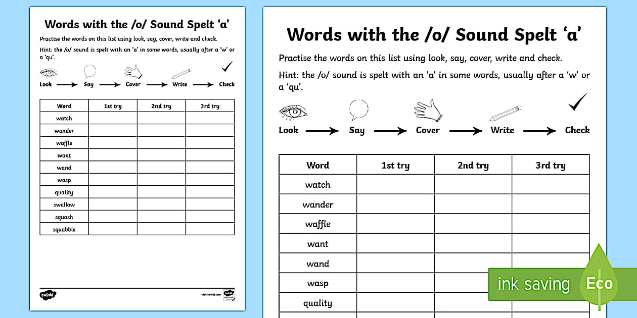 Editable Year 2 Spelling Practice /o/ Sound Spelt 'a' Homework Worksheet
