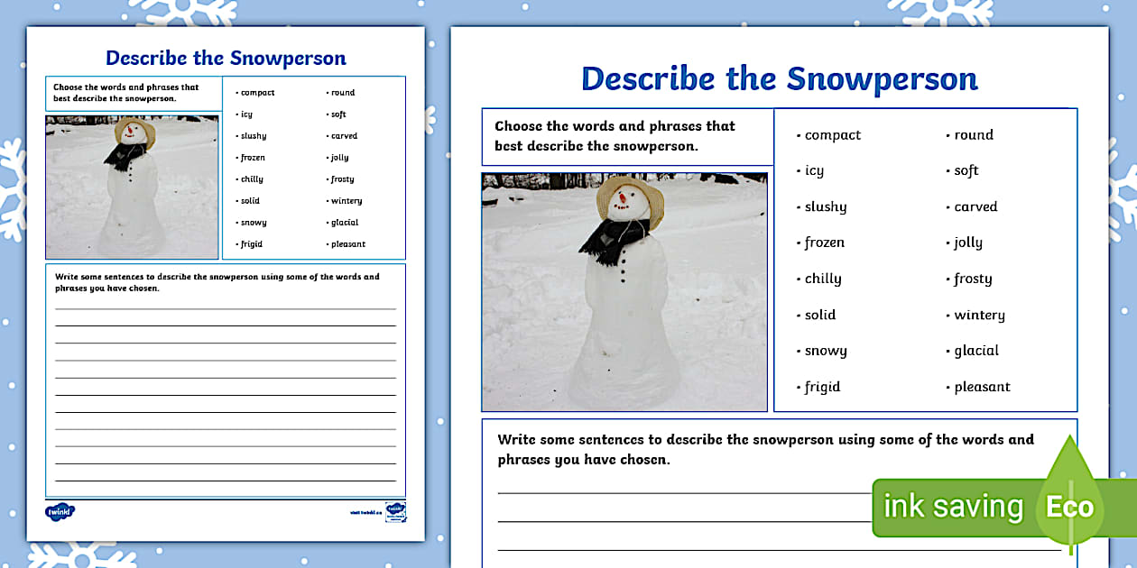 Describe the Snowperson Worksheet (Teacher-Made) - Twinkl