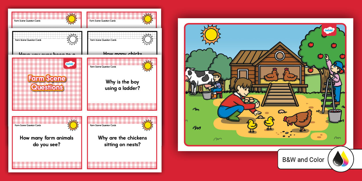 Farm Scene and Question Cards (teacher made) - Twinkl