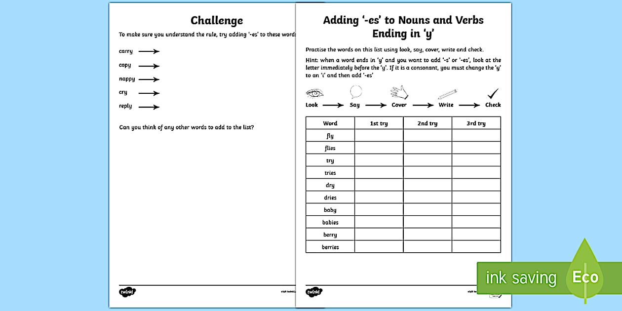 Cursive Year 2 Spelling Practice ' y' and ' ies' Homework Worksheet