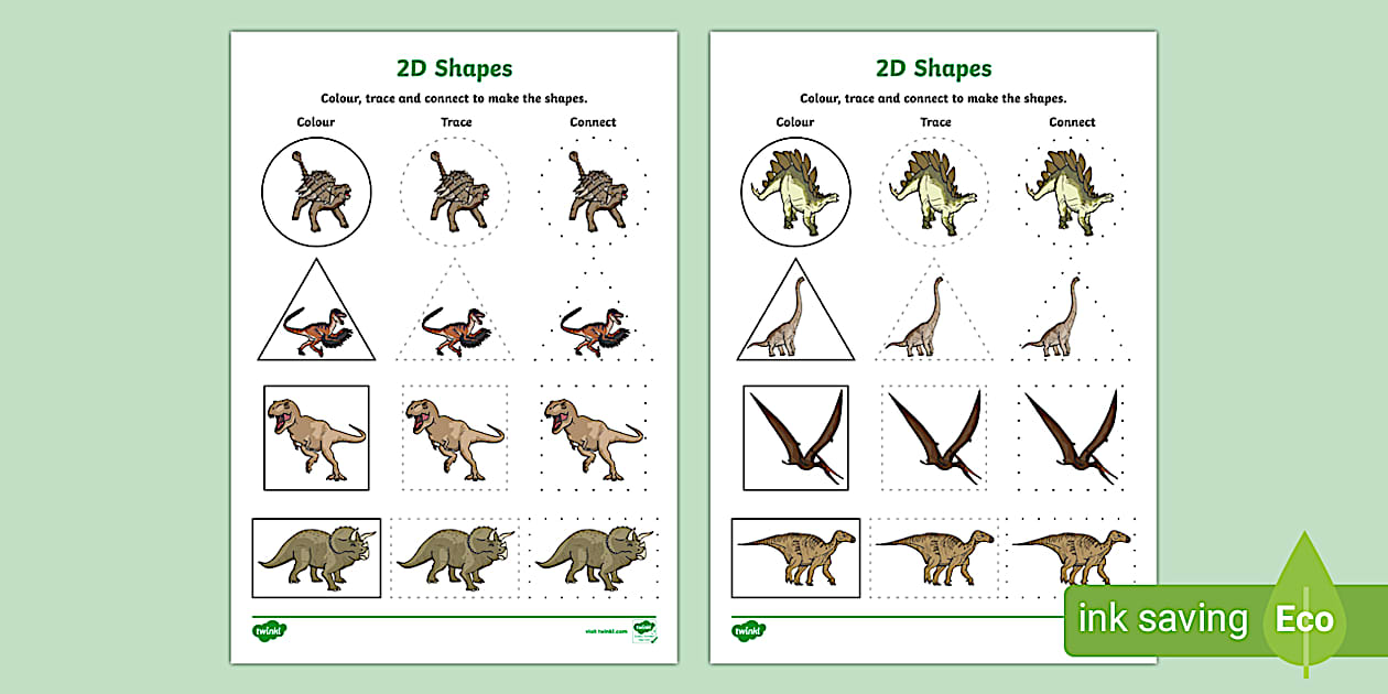 Editable Dinosaur 2D Shape Colour, Trace and Join the Dots