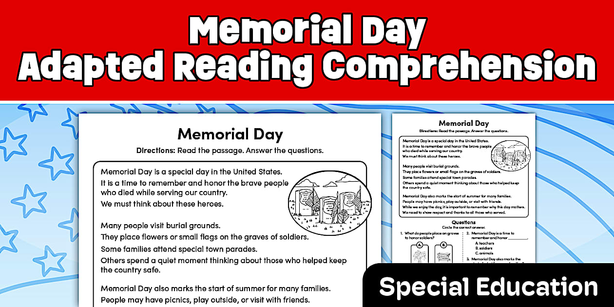Memorial Day Adapted Reading Comprehension Worksheet