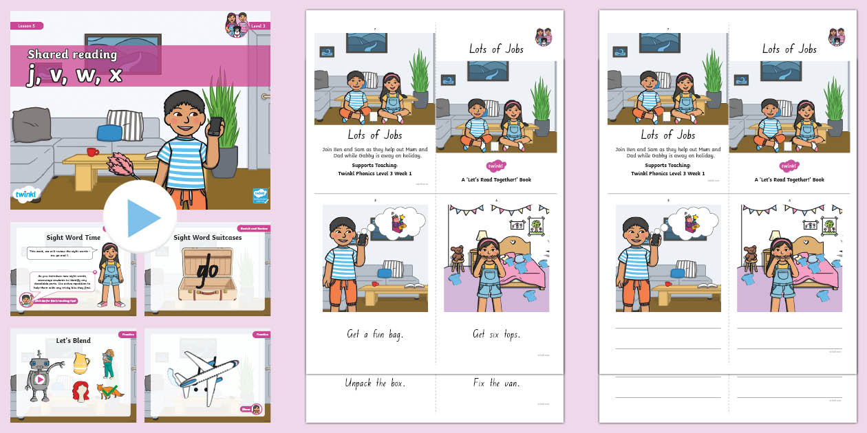 Phonics: Level 3: Week 1: Lesson 5 Pack: recap 'j, v, w, x'