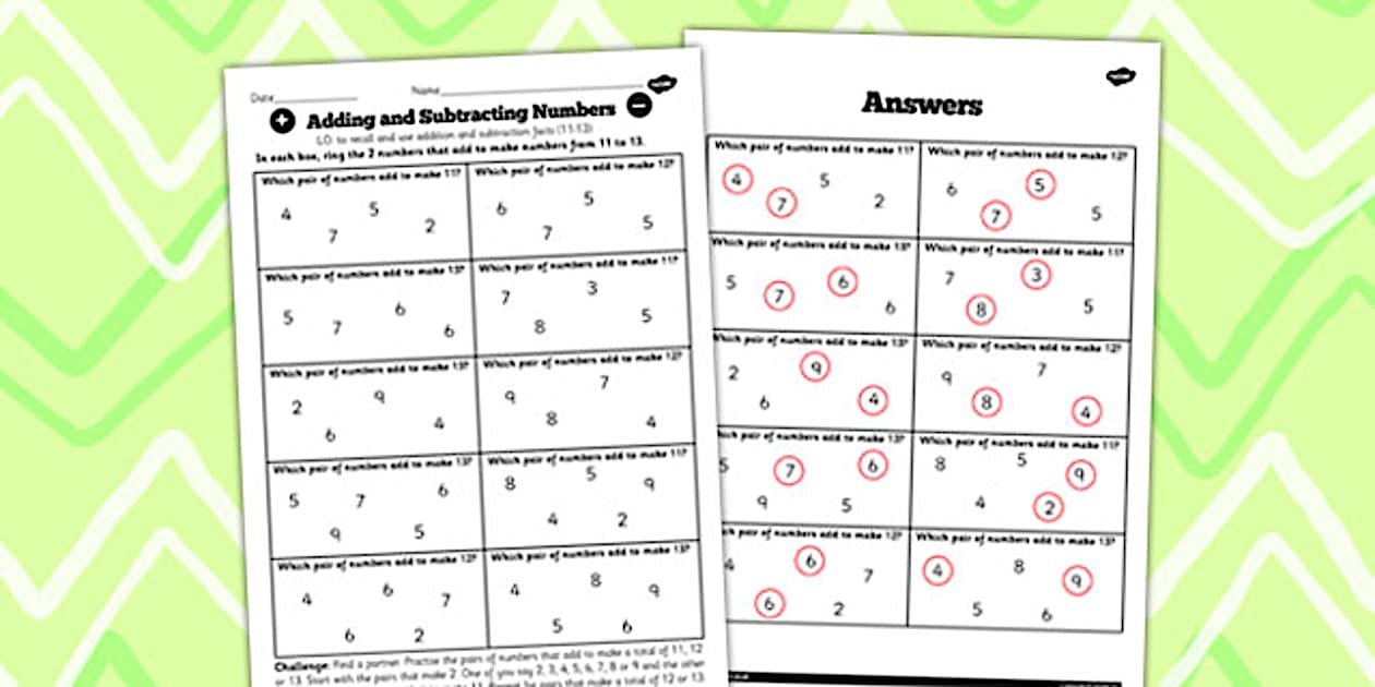 Number Facts Finding Pairs Worksheet 11-13 (teacher made)
