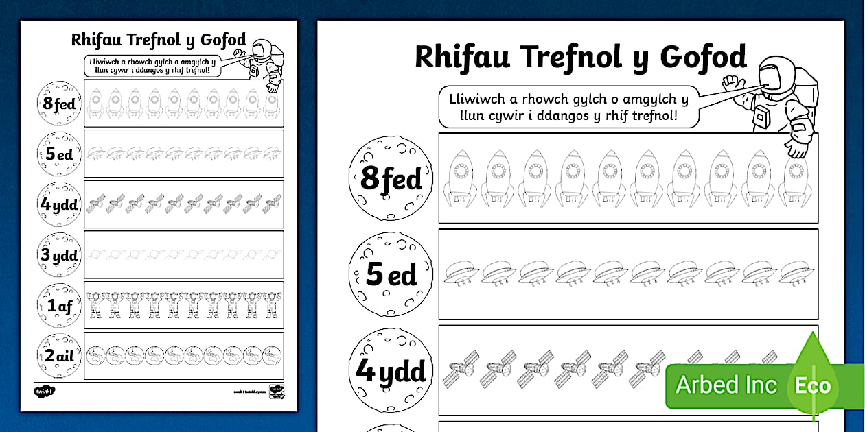 Taflen Gweithgaredd Rhifau Trefnol y Gofod (teacher made)