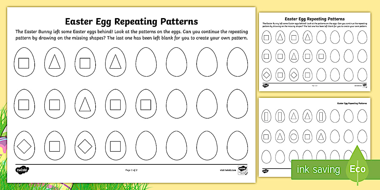 Easter Egg Repeating Patterns Maths Worksheet - KS1 - Twinkl