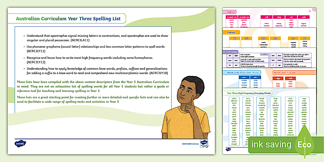 Australian Curriculum Year Three Spelling List - Twinkl