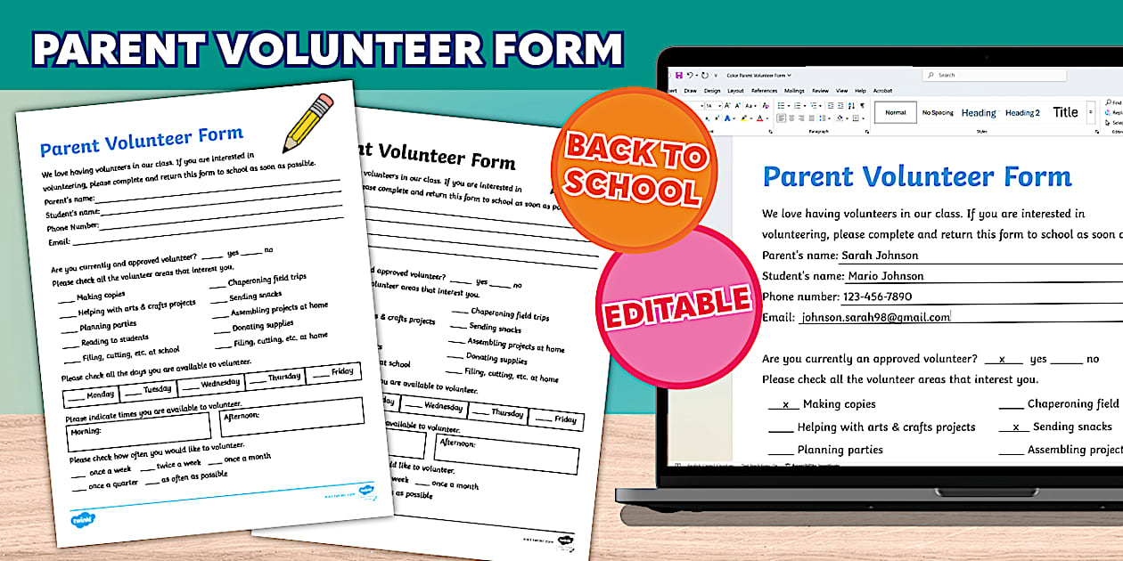 Editable Parent Volunteer Form (Teacher-Made) - Twinkl