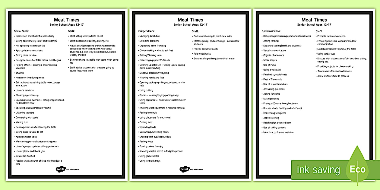 Editable Senior School Meal Time Checklist - Twinkl