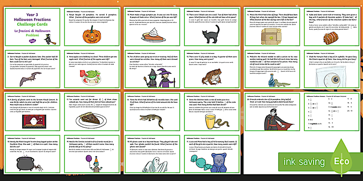 Year 3 Halloween Fractions Challenge Cards English/Italian
