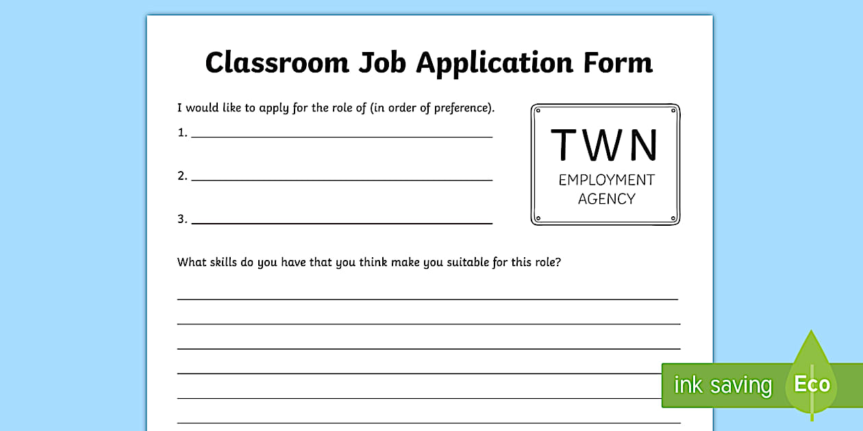 Editable Classroom Jobs Application Form Worksheet - Twinkl