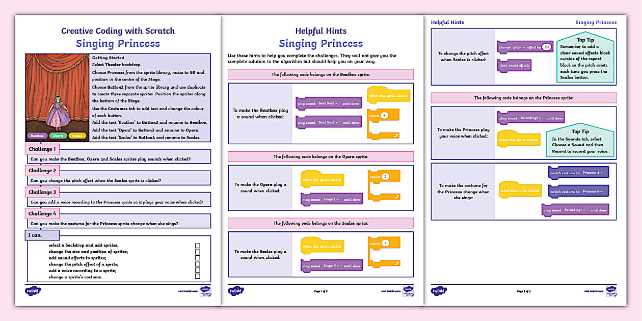 KS2 Singing Princess Scratch Worksheet - Computing - Twinkl
