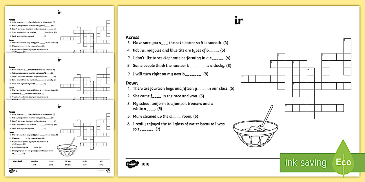 'ir' Digraph Differentiated Crossword - Twinkl