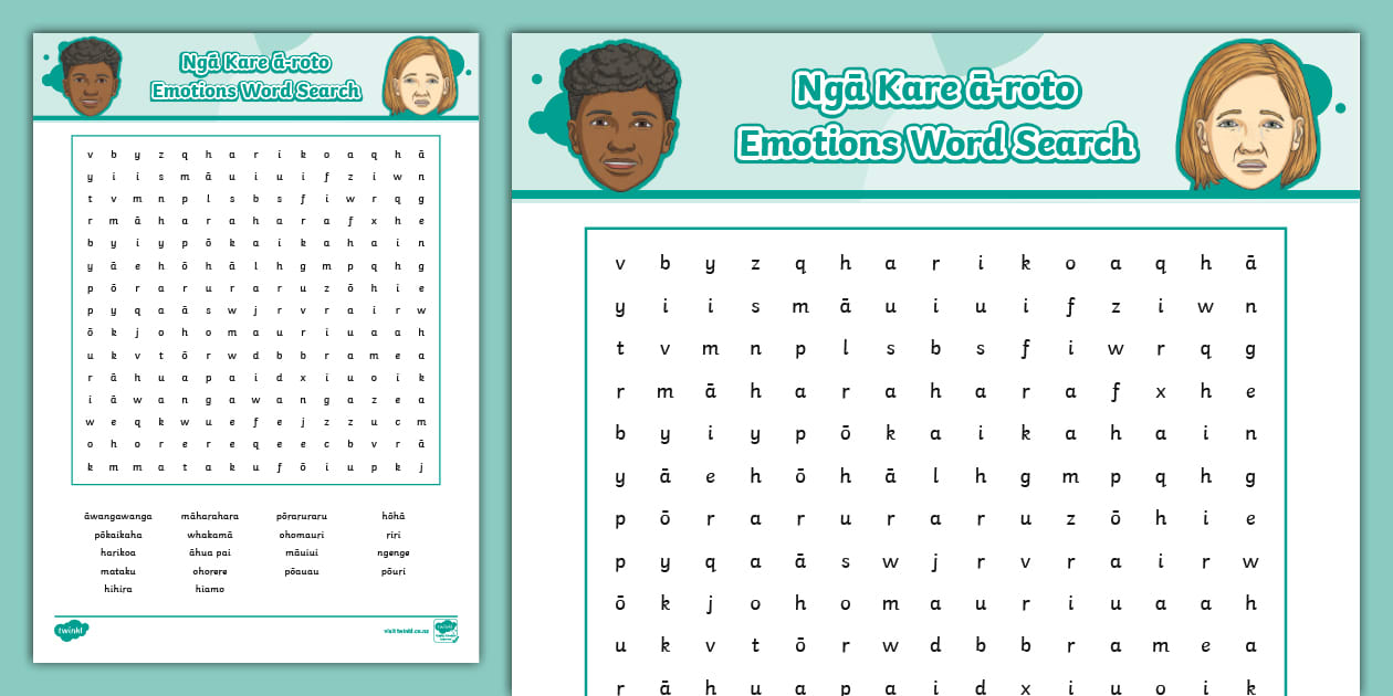 Ngā Kare ā-roto - Emotions Word search - Twinkl