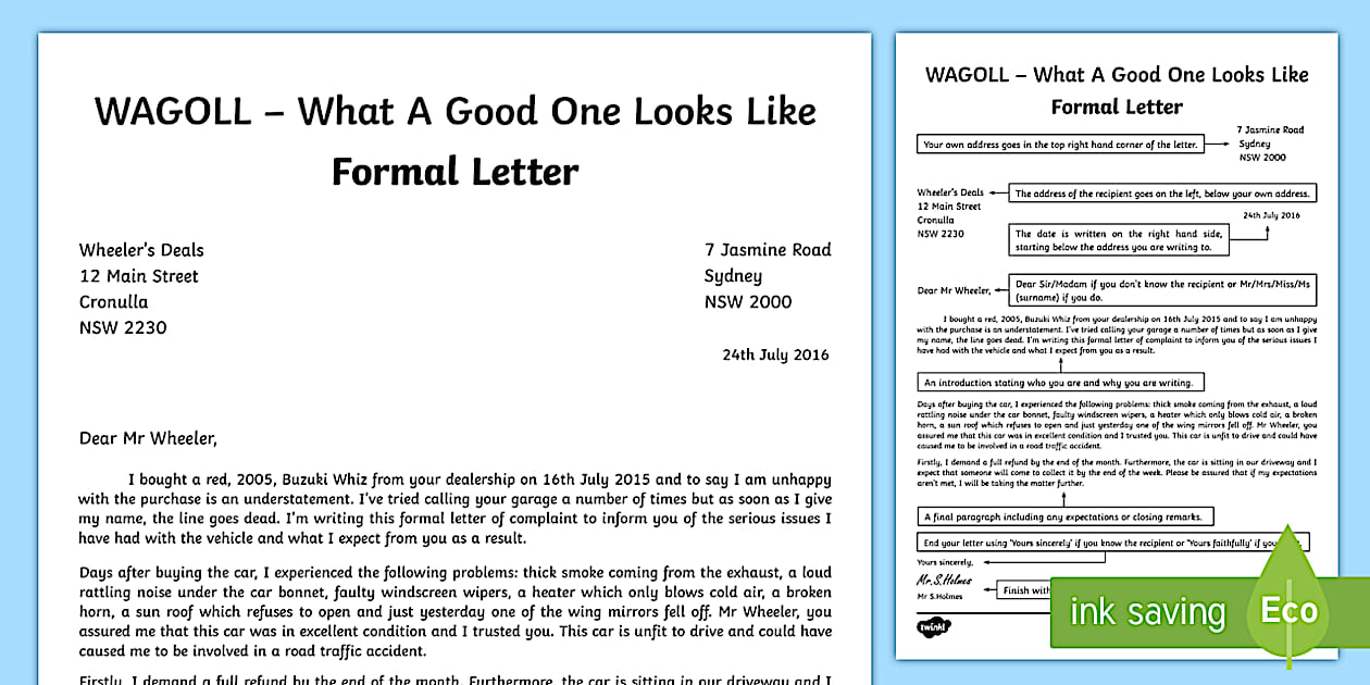WAGOLL Formal Letter Writing Sample (Teacher-Made) - Twinkl