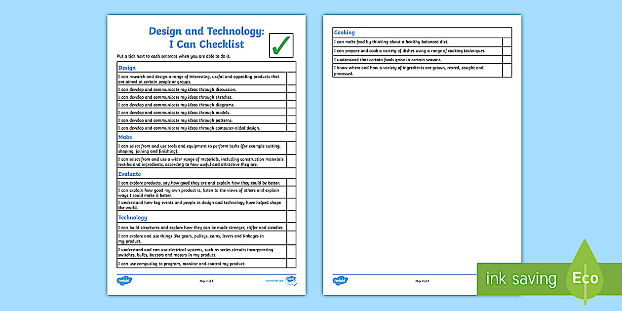 KS2 I Can Design Technology Statements Checklist - Twinkl