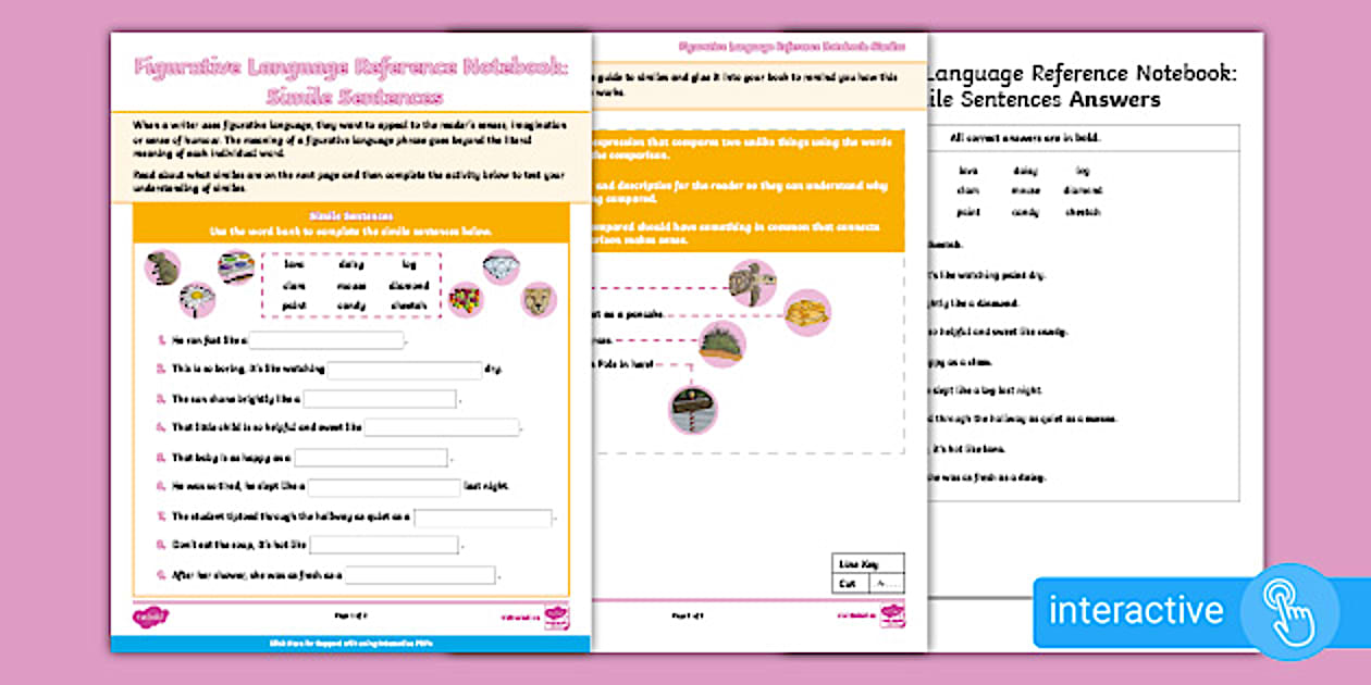 Figurative Language Reference Notebook: Similes Activity
