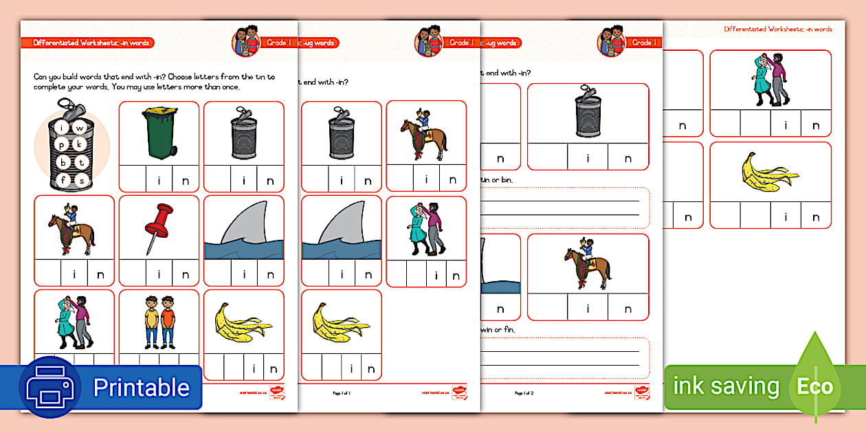 Grade 1 Phonics: -in Differentiated Worksheets - Twinkl