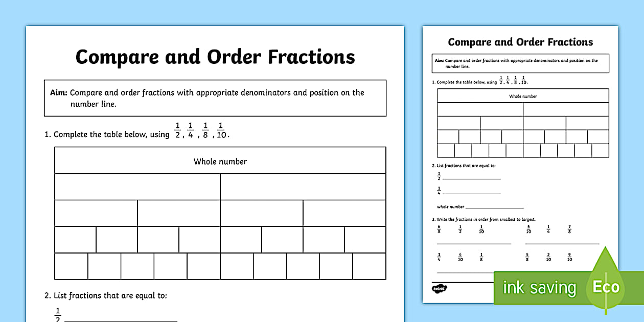 Editable Compare and Order Fractions Worksheet - Twinkl