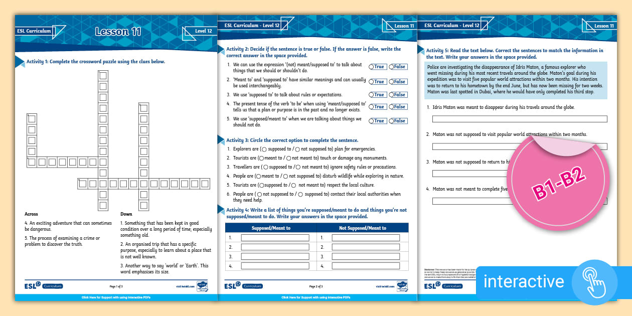 ESL Curriculum Level 12, Lesson 11 Interactive Activity Sheet