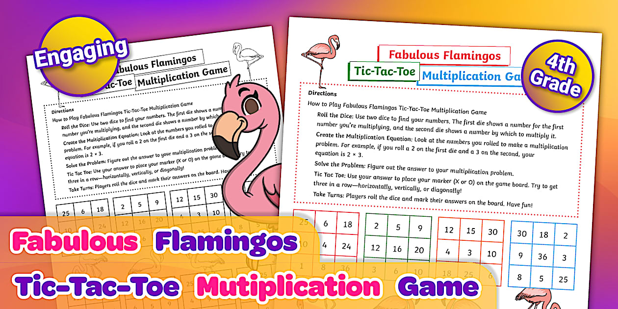 Fourth Grade Fabulous Flamingos Tic-Tac-Toe Multiplication Game