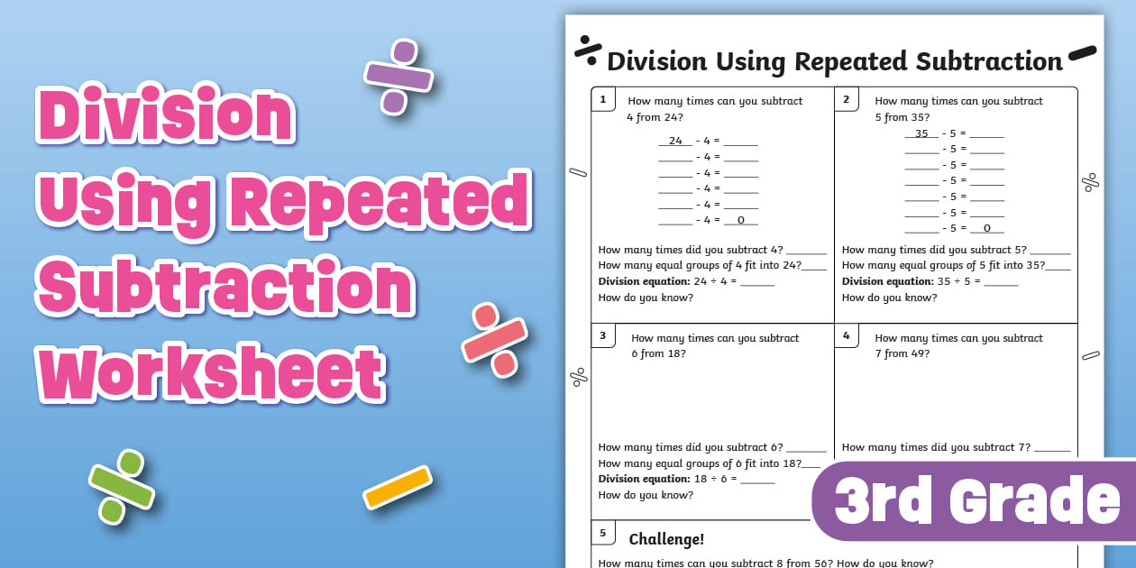 Third Grade Division Using Repeated Subtraction Worksheet