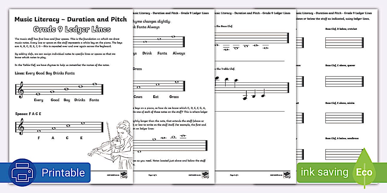 Ledger Lines Worksheet - Music Literacy - Grade 9 - Twinkl