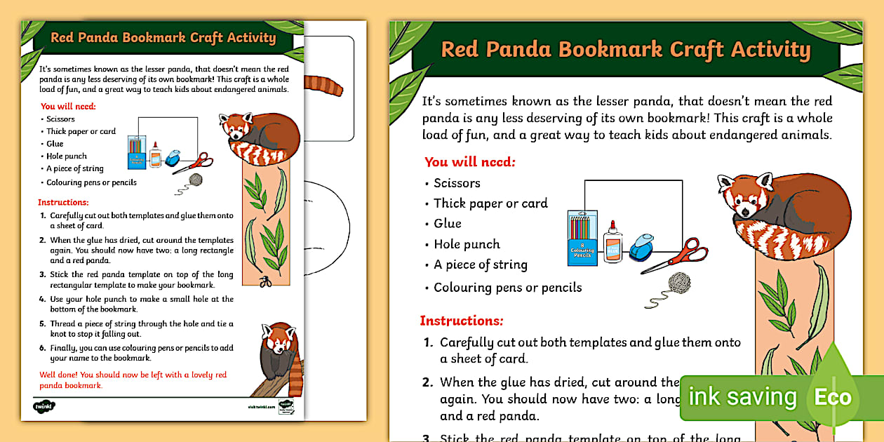 Red Panda Bookmark Craft Activity - Twinkl