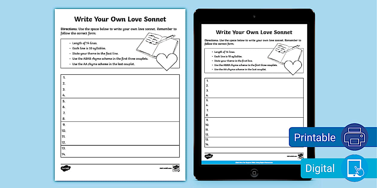 Write Your Own Love Sonnet Worksheet for 6th-8th Grade