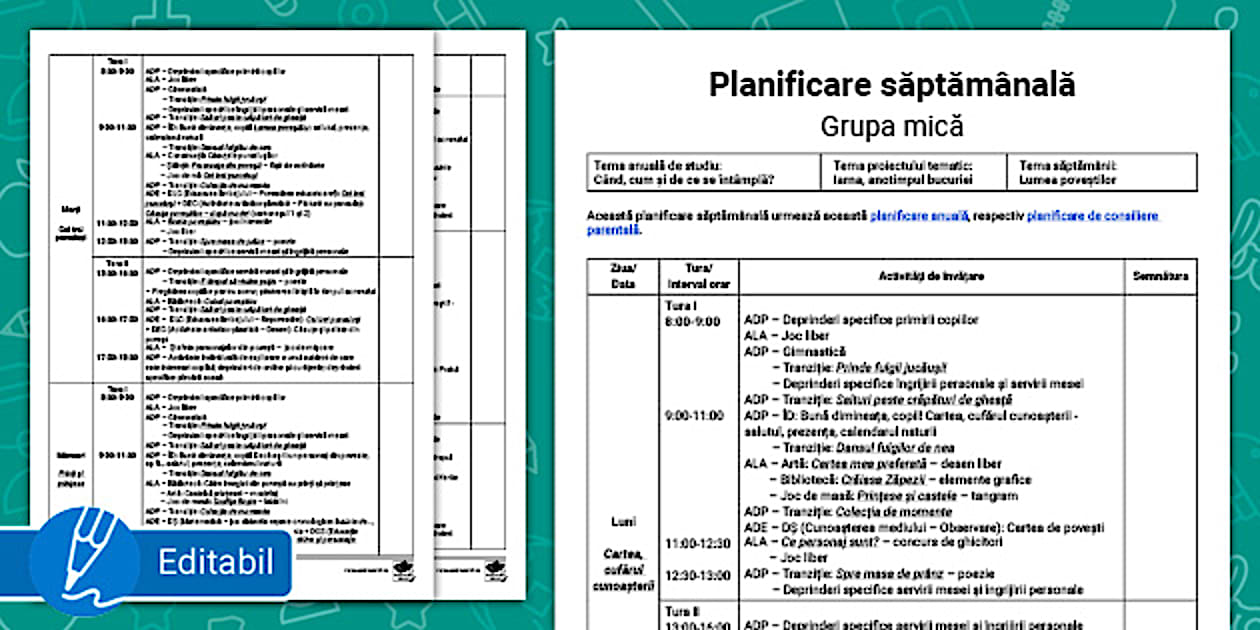 Lumea poveștilor:Model de planificare săptămânală grupa mică