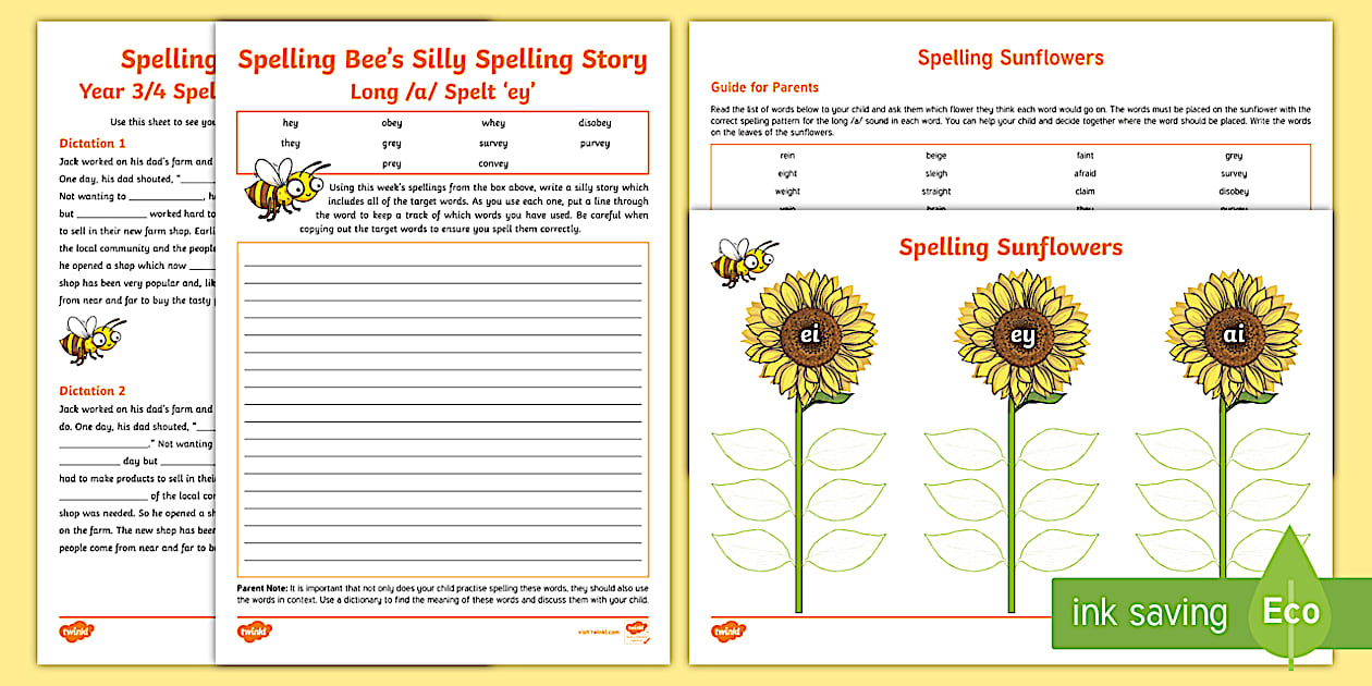 Year 3/4 Spelling at Home: Long /a/ Spelt \'ey\' Spelling Pack