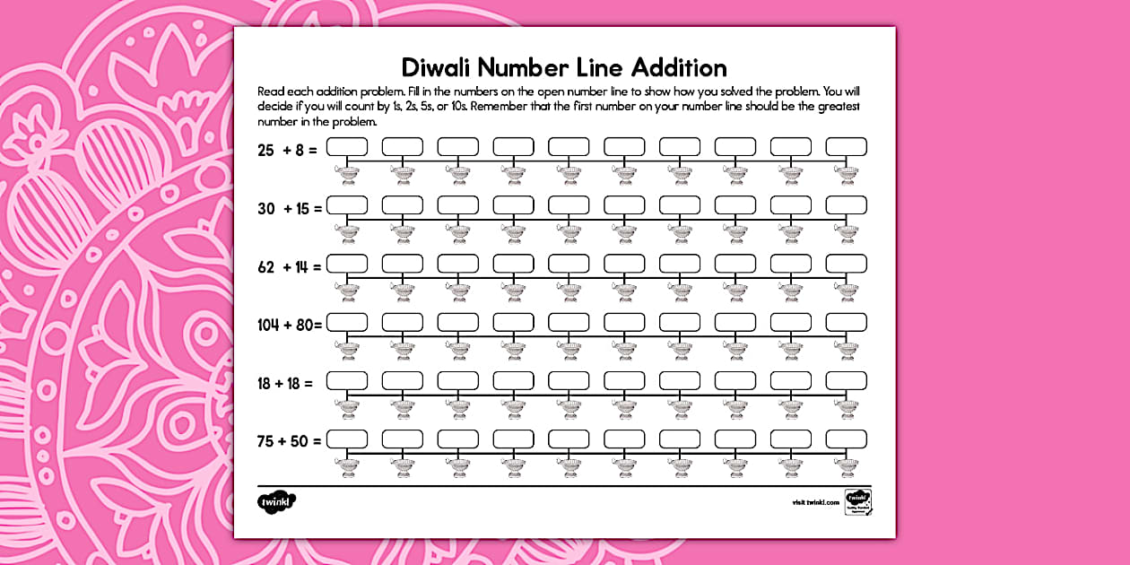 Second Grade Diwali Number Line Addition Worksheet - Twinkl