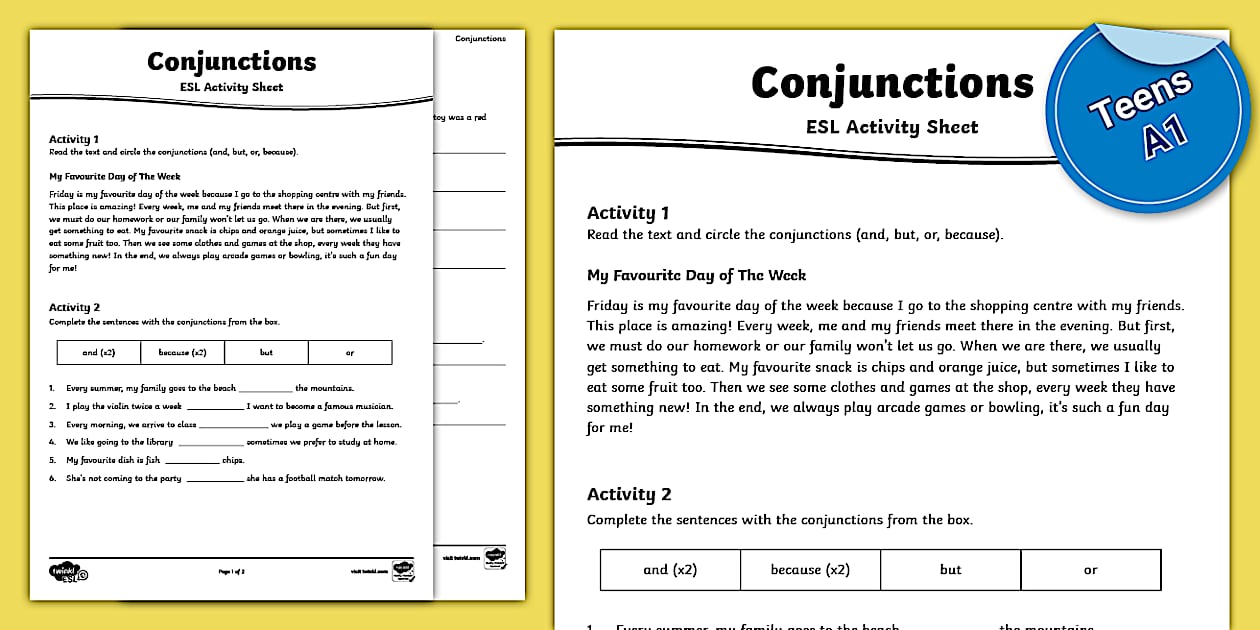 ESL Conjunctions Activity Sheet (teacher made) - Twinkl