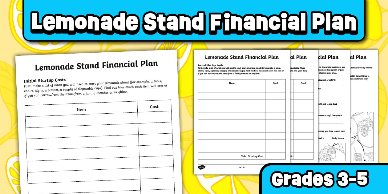 Lemonade Stand Financial Plan Worksheet for 3rd-5th Grade