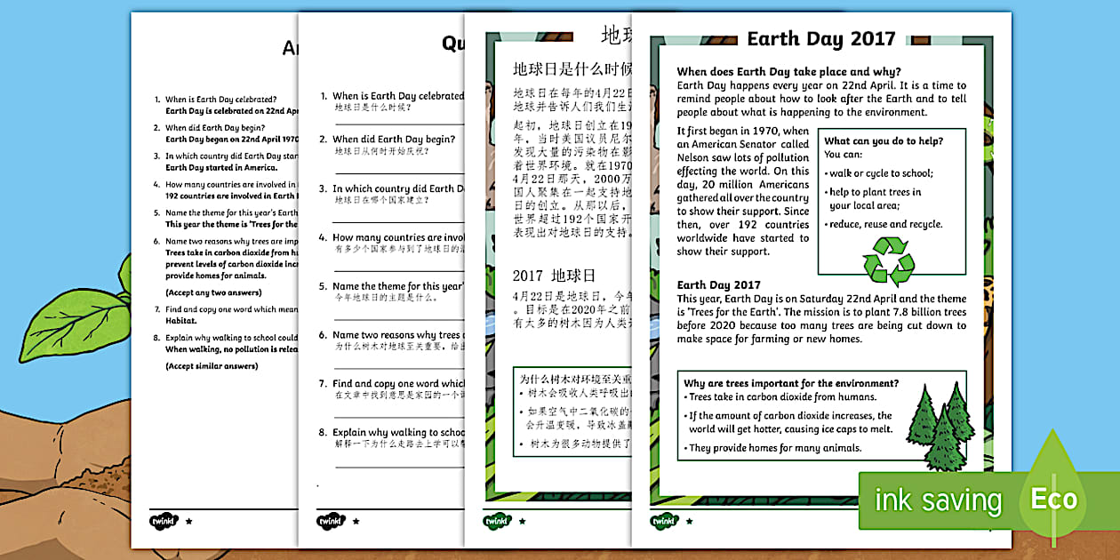 Earth Day Differentiated Reading Comprehension Activity English/Mandarin