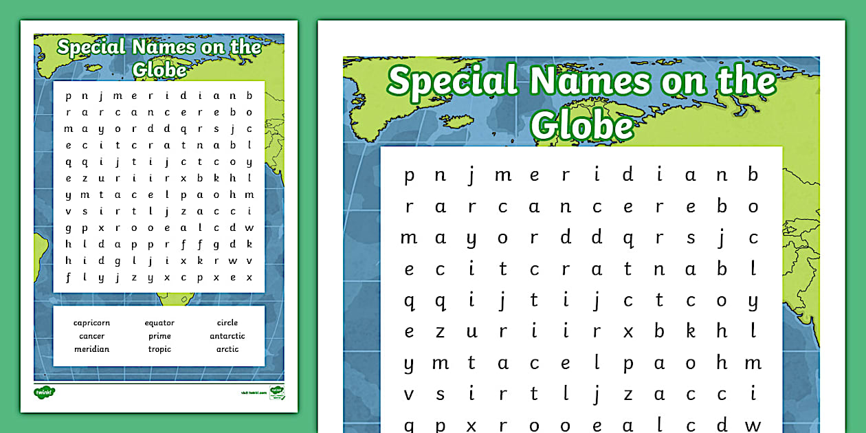 Special Names on the Globe Word Search