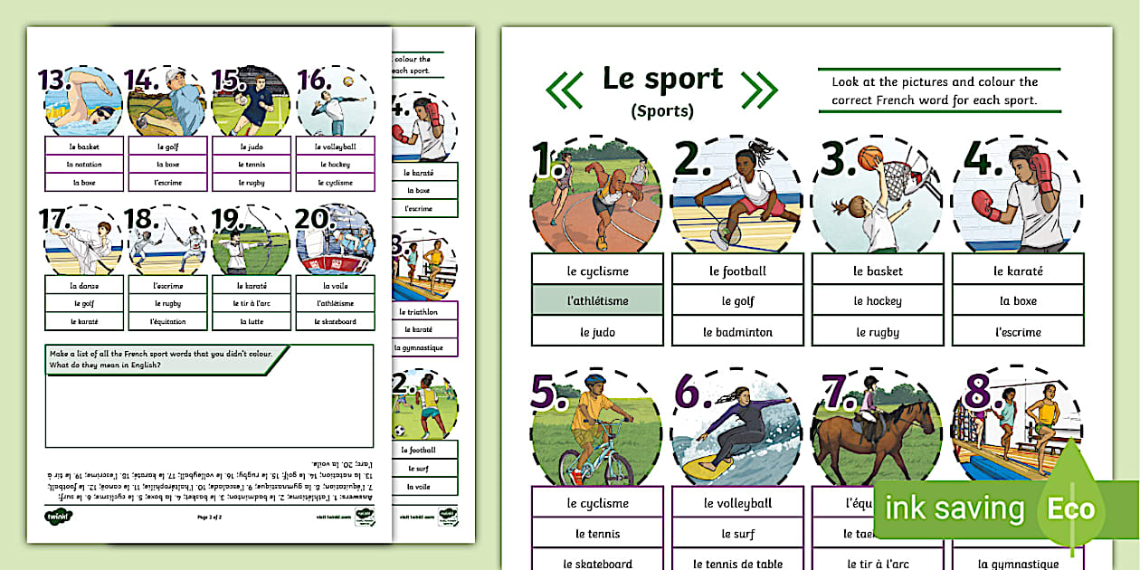 👉 French KS2 Sports Picture and Word Activity Sheet